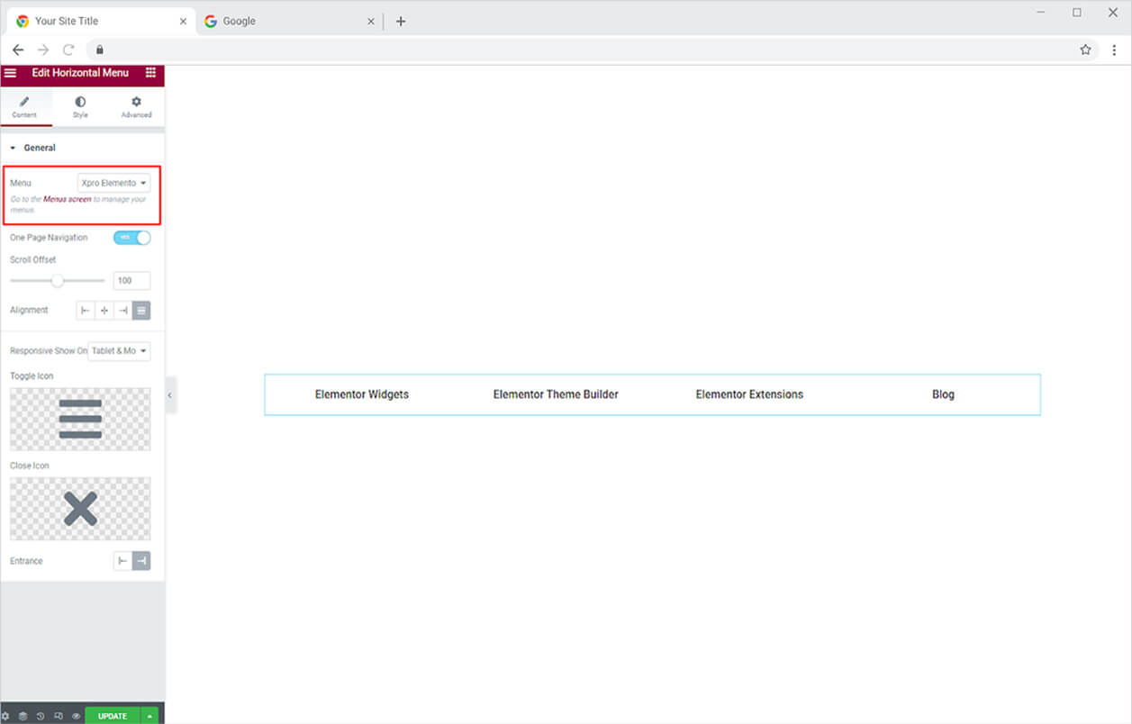 Horizontal Menu widget for Elementor - Xpro Addons